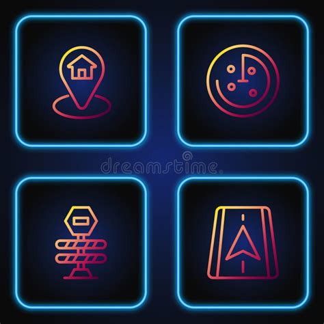 Set Line City Map Navigation Road Barrier Location With House And Radar Targets Monitor