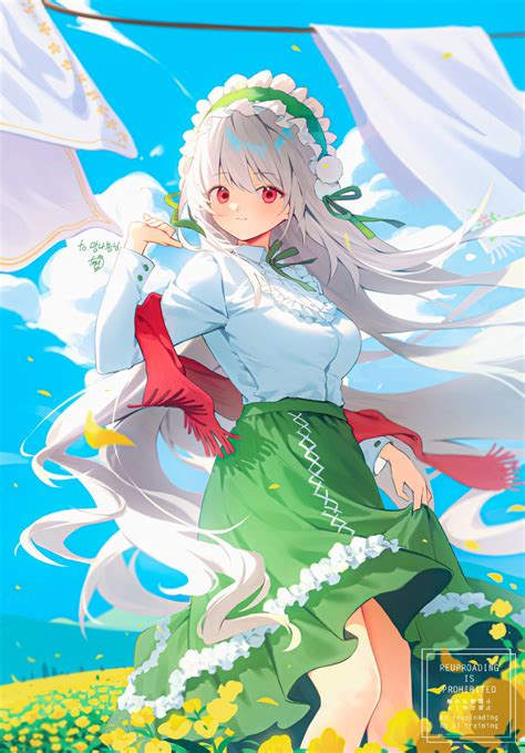Safebooru 1girl Blue Sky Blush Breasts Clouds Commentary Request Day Flower Frilled Hairband