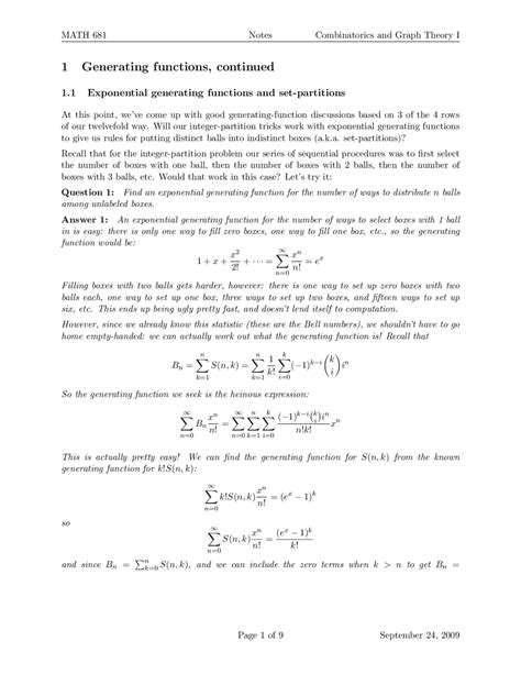 Exponential Generating Functions And The Set Partitions Math 681 Docsity