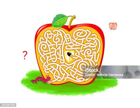 어린이와 성인을 위한 미로가 있는 논리 퍼즐 게임 벌레가 사과의 중앙으로가는 길을 찾도록 도와주세요 미로가 있는 아이들의 두뇌 티저 책을 위한 워크시트 온라인 플레이 플랫