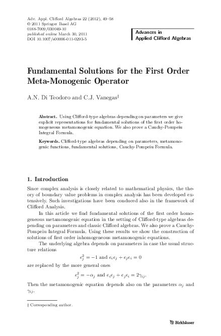 Pdf Fundamental Solutions For The First Order Meta Monogenic Operator