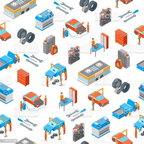 자동 서비스 3d 원활한 패턴 배경 등각 투영보기 벡터 등측투영법에 대한 스톡 벡터 아트 및 기타 이미지 등측투영법 예비 부품 3차원 형태 Istock