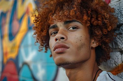 Premium Photo Young Man With Vibrant Red Curls And Hiphop Style Poses By Graffiti Concept