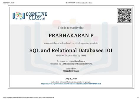 Ive Completed The Sql And Relational Database 101 Course On Cognitive Classai Gaining