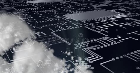 Composition Of Network Of Digital Icons Over Cloud And Computer Circuit Board Stock Illustration