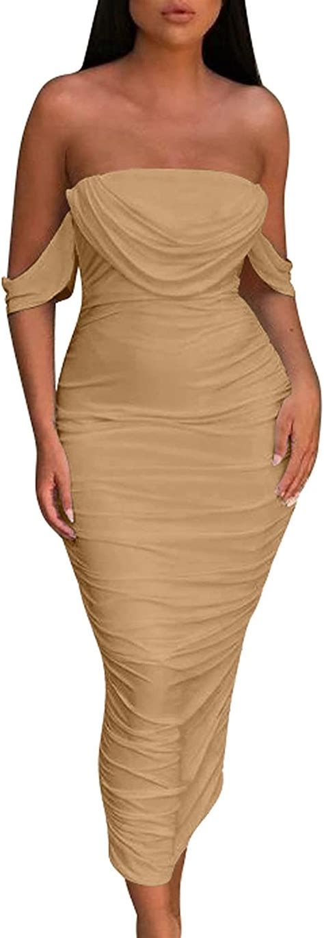 Hocille Womens Sexy Ruched Bodycon Strapless Off Shoulder Midi Club