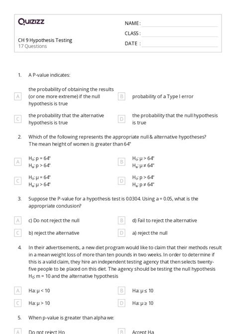 50 hypothesis testing worksheets for 10th grade on quizizz free