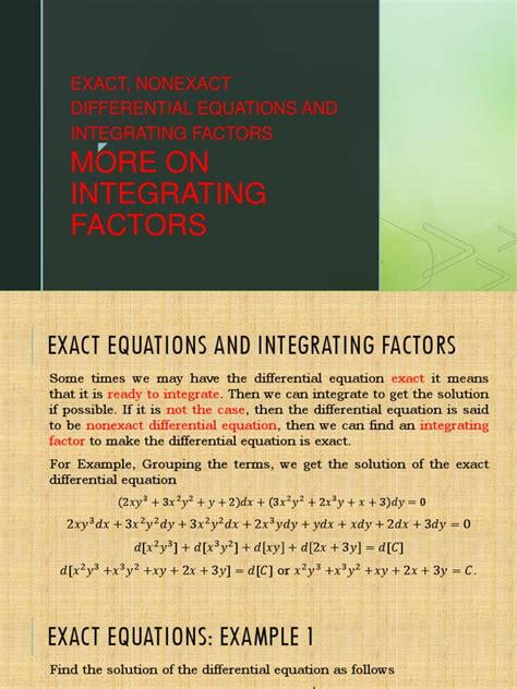 Math 215 Differential Equations I Exact Nonexact And More On Integrating Factors Week Iii