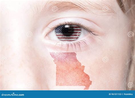 Human S Face With National Flag Of United States Of America And Missouri State Map Stock Image