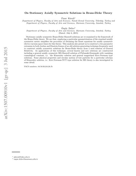 Pdf On Stationary Axially Symmetric Solutions In Brans Dicke Theory