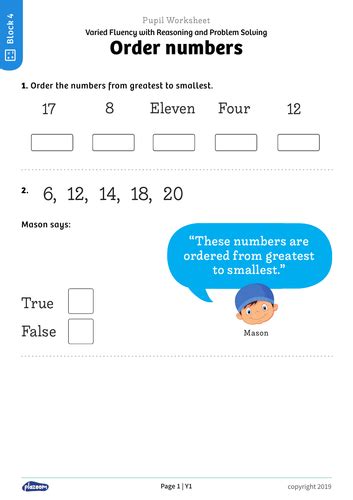 Y1 Autumn Term Block 4 Order Numbers Maths Worksheets Teaching