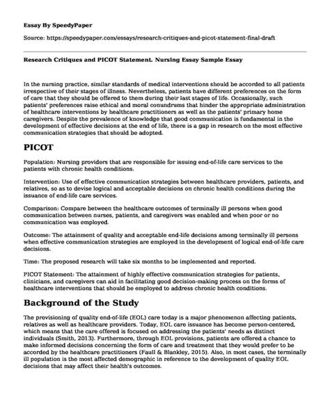 📗 Research Critiques And Picot Statement Nursing Essay Sample