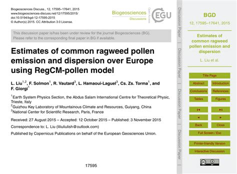 Pdf Estimates Of Common Ragweed Pollen Emission And Dispersion Over