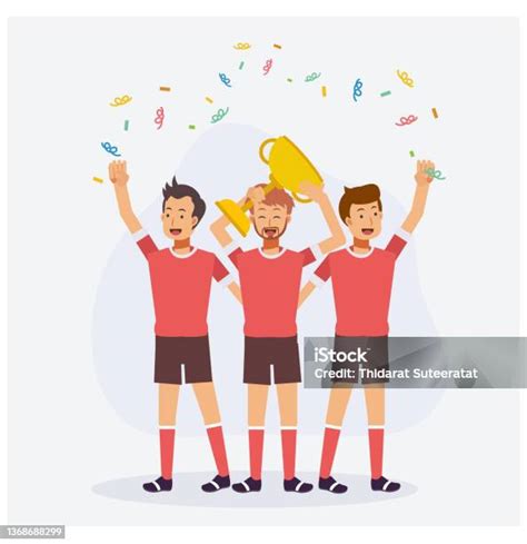 축구 축구 팀 선수들은 그들이 방금 우승 트로피 골든 컵을 축하합니다 축구 리그 챔피언 개념플랫 벡터 만화 캐릭터 일러스트 승리