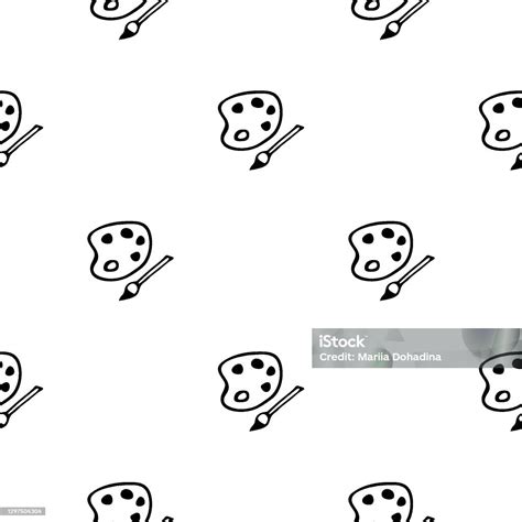 페인트 브러시와 손으로 그린 아트 팔레트와 매끄러운 패턴 흰색 배경에 격리 된 낙서 스타일 벡터 그림입니다 인테리어 디자인 벽지 포장 포스터 카드 검은색에 대한 스톡 벡터