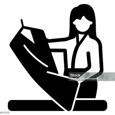 여자는 Dess 의류 솔리드 아이콘 옷 개념 흰색 배경에 의류 품질 검사 벡터 기호 글리프 스타일 아이콘 모바일 개념 웹