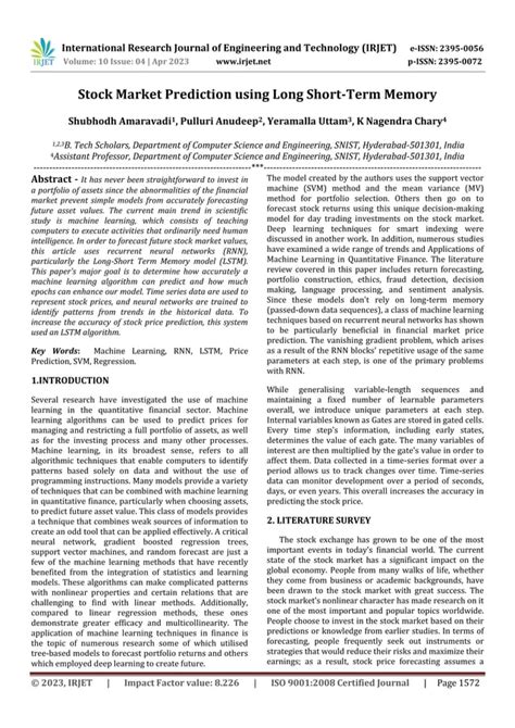 Stock Market Prediction Using Long Short Term Memory Pdf