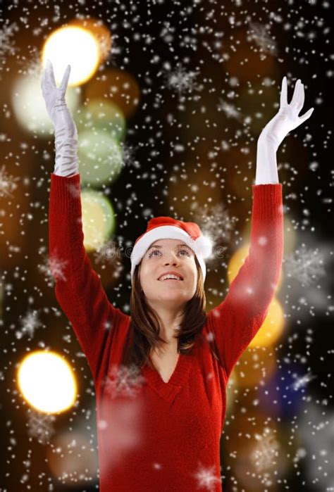 Santa Girl Snow And City Lights Stock Image Image Of Smile Christmas