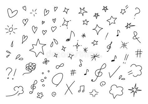 vector illustration set of loosely drawn handwritten marks hearts stars musical notes etc