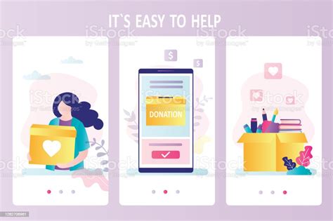 모바일 앱 기부 웹 페이지 템플릿 집합 여성 자선 사업가가 기부와 함께 상자를 보유하고 있습니다 재정 지원 Charitable