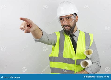Architect Man Wearing Safety Helmet And Reflecting Jacket Holding Blueprints Showing And