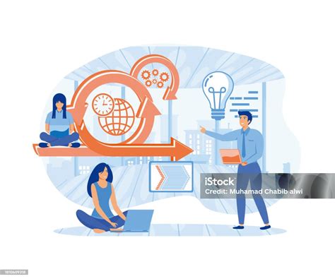 스크럼 프레임워크 Kanban 보드에서 작업을 논의하는 팀 스크럼 회의 대화 Laptopflat 벡터 현대 일러스트 레이 션에서