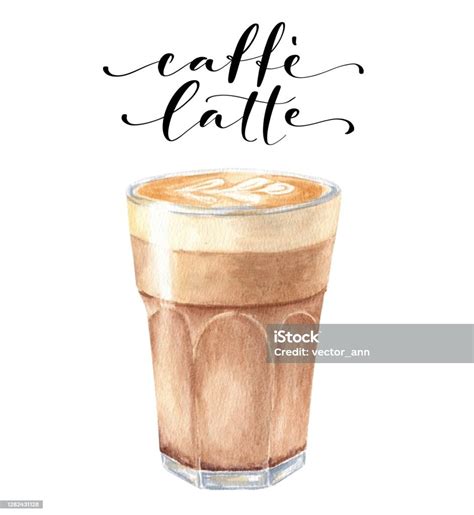 수채화 라떼 커피는 대본 서예로 흰색 배경에 고립되어 있습니다 손으로 그린 음료 일러스트레이션 0명에 대한 스톡 벡터 아트 및