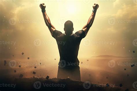 Successful Happy Accomplished Athletic Man Stands With Raised Arms