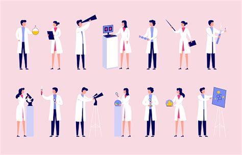 코트를 입은 실험실 과학자 과학 실험실의 사람들 생물 학자와 과학 장비를 가진 의사 여성과 남자 캐릭터 시험관을 들고 있는