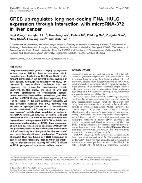 Pdf Creb Up Regulates Long Non Coding Rna Hulc Expression Through Interaction With