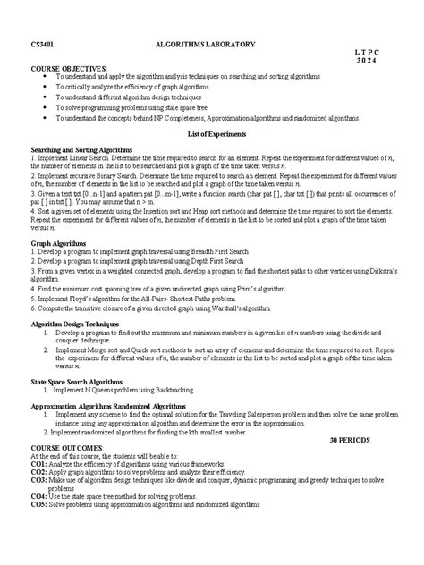 Cs3401 Algorithms Lab Syllabus Course Objectives And Experiments Studocu