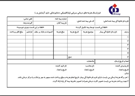 نمونه کار فایل فرم ارسال هزینه های درمانی سرپایی بیمه دانا