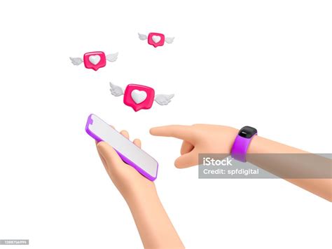 만화 캐릭터 손 아이콘 알림과 스마트 폰을 들고 소셜 미디어 은유 새로운 청중의 개념을 공개 코멘트를 게시하고 메시지를 보내기 3d 렌더 손에 대한 스톡 사진 및 기타