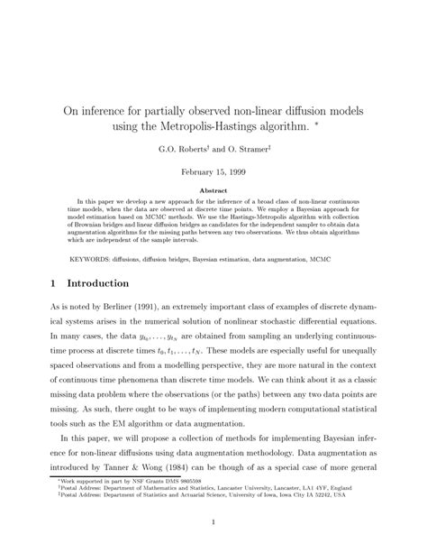 Pdf On Inference For Non Linear Diffusion Models Using The Hastings
