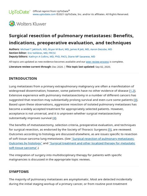 Surgical Resection Of Pulmonary Metastases Benefits Indications Preoperative Evaluation And
