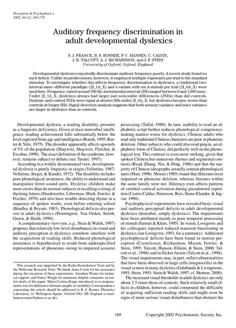 Pdf Auditory Frequency Discrimination In Adult Developmental Dyslexics