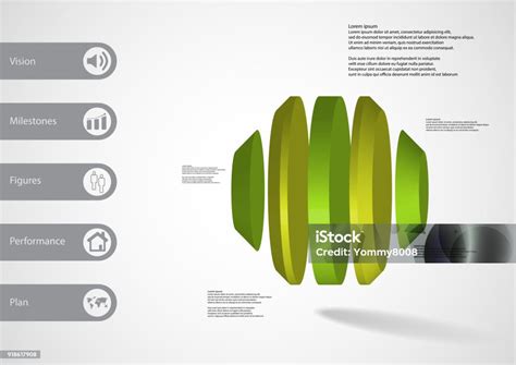 라운드 팔각형의 모티브로 3d 그림 Infographic 템플릿 세로로 간단한 기호 및 샘플 텍스트 바에 측에 5 개의 녹색 부품 분할 밝은 회색 그라데이션 배경으로 사용