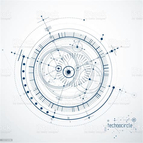 기계 구성표 동그라미와 메커니즘의 기하학적 부품 벡터 엔지니어링 도면 기술 계획은 웹 디자인 및 배경 화면 또는 배경으로 사용할 수 있습니다 0명에 대한 스톡 벡터 아트 및