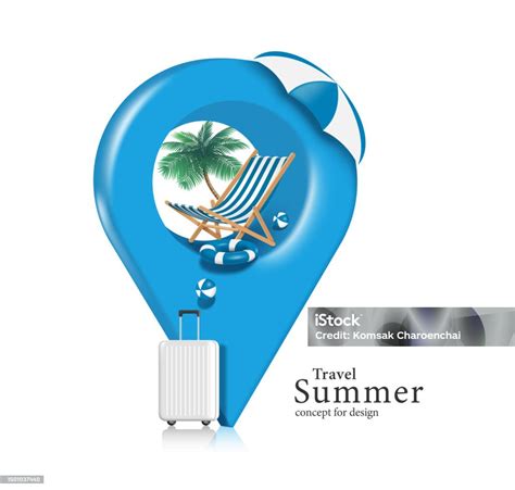 비치 의자 또는 데크 의자 배구 구명 부표 비치 파라솔 여름 여행 광고 디자인을위한 상단 및 측면 파란색 핀에 모든 수하물 휴가에 대한 스톡 벡터 아트 및 기타 이미지