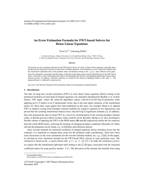 Pdf Error Estimation Formula For Fwt Based Solvers For Dense Linear Equations