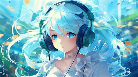 Portrait Of An Anime Girl With Blue Hair Listens To Music On Headphones