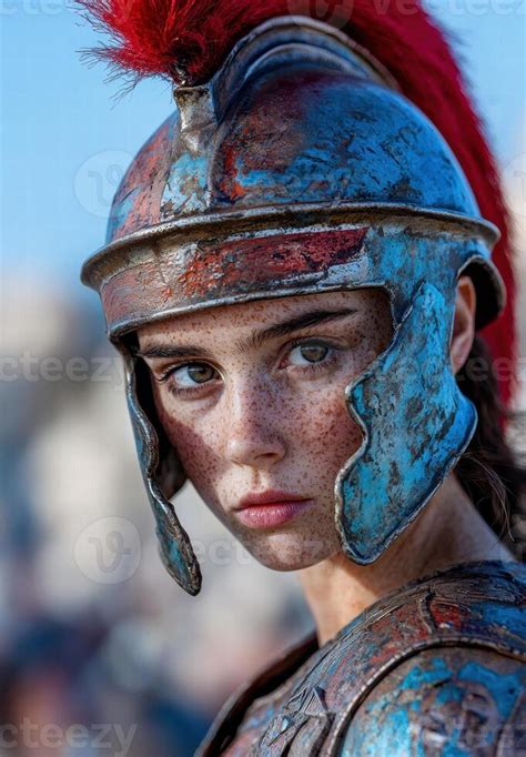 Warrior Woman With Battle Worn Helmet Stock Photo At Vecteezy
