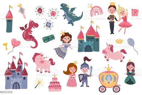 공주 왕자 기사 성 유니콘 무지개 용 마차가있는 삽화 세트 손으로 그린 그림 벡터 동화에 대한 스톡 벡터 아트 및 기타 이미지