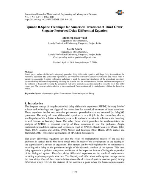 Pdf Quintic B Spline Technique For Numerical Treatment Of Third Order Singular Perturbed Delay