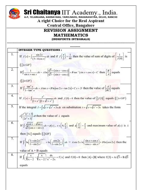 1 Mat Rev Assn W 4 23 08 2023 Indefinite Integrals Pdf Mathematical Objects Mathematics