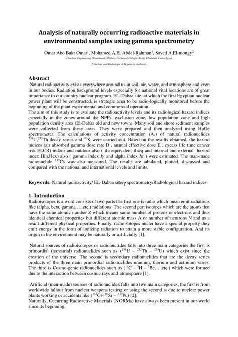 Pdf Analysis Of Naturally Occurring Radioactive Materials In Environmental Samples Using Gamma