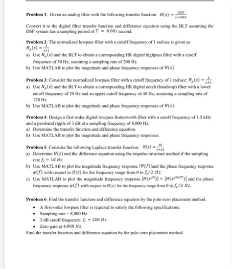 Solved 1000 1000 Problem 1 Given An Analog Filter With The