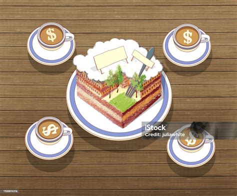 관광객의 아침 식사 도시 형태의 케이크 한 조각과 우유와 달러 기호가있는 커피 4 잔 대나무 테이블의 배경에 갈색에 대한 스톡 벡터 아트 및 기타 이미지 Istock