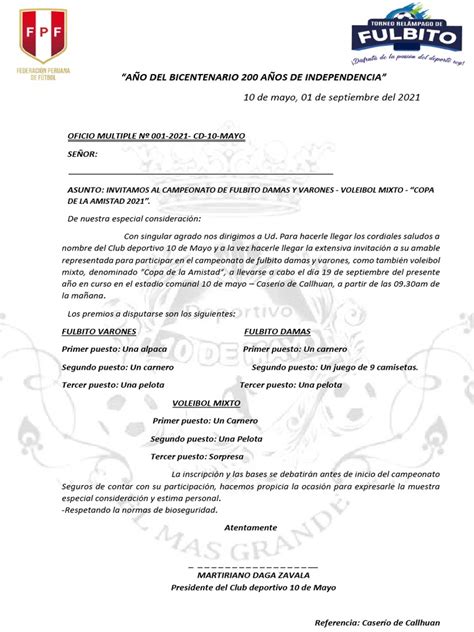 Oficio Multiple De Invitacion Caserio 10 De Mayo Pdf
