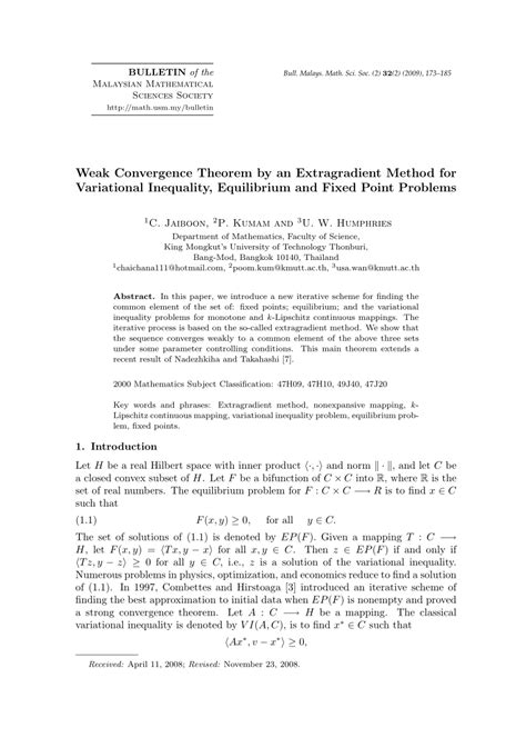 Pdf Weak Convergence Theorem By An Extragradient Method For Variational Inequality
